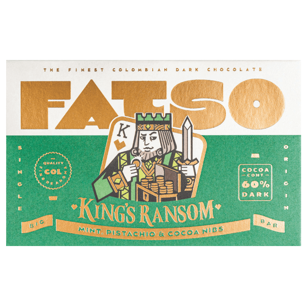 Fatso Kings Ransom Mint Pistachio and Cocoa Nib Dark Chocolate Bar