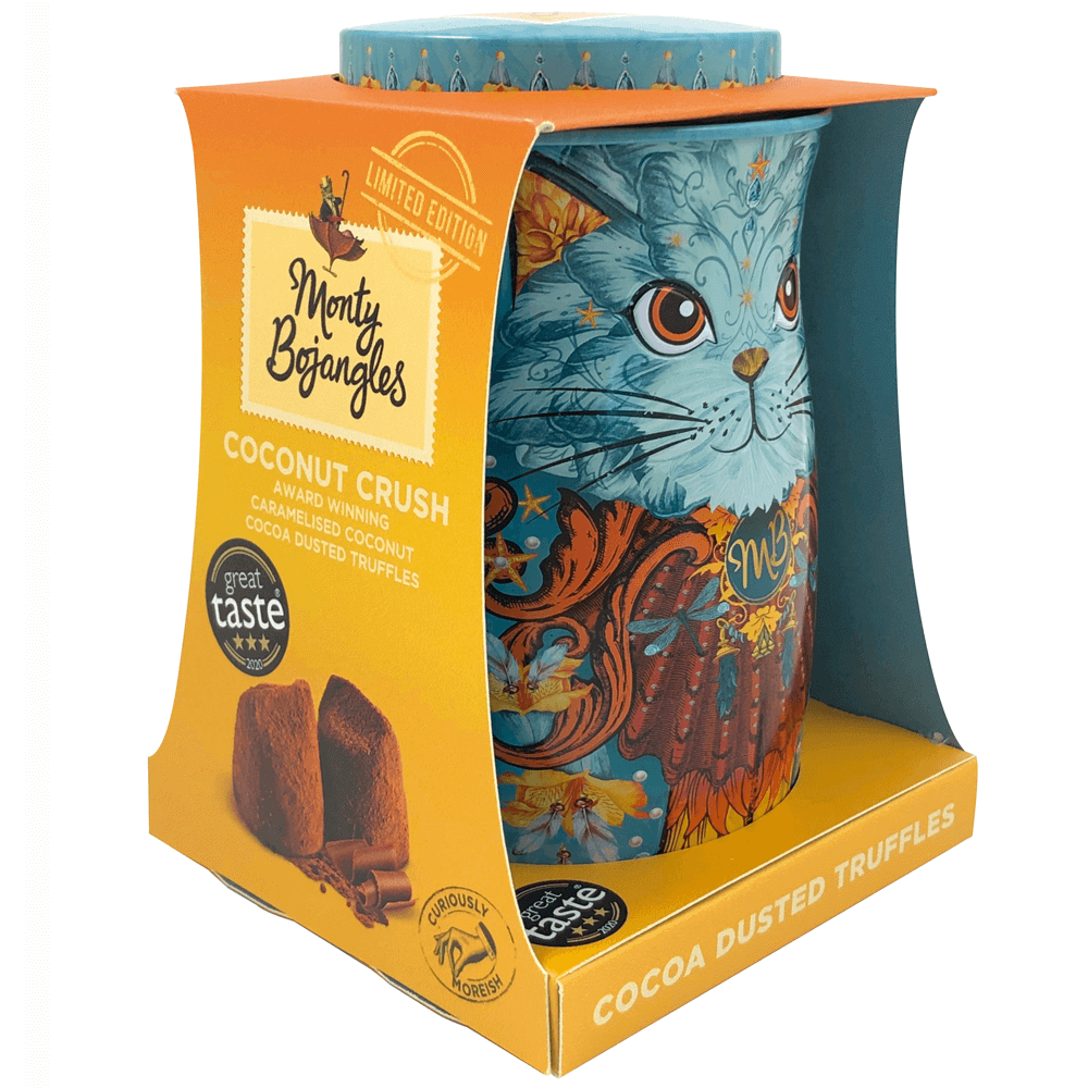 Monty Bojangles Coconut Truffles in Blue Cat Tin 135G | Jarrolds, Norwich